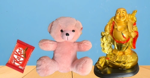 Premium Peach Cuddle Teddy with Lucky Golden Laughing Buddha and KitKat ...